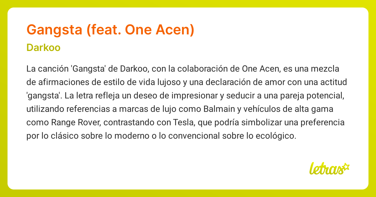 Significado de la canción GANGSTA (FEAT. ONE ACEN) (Darkoo) - LETRAS.COM