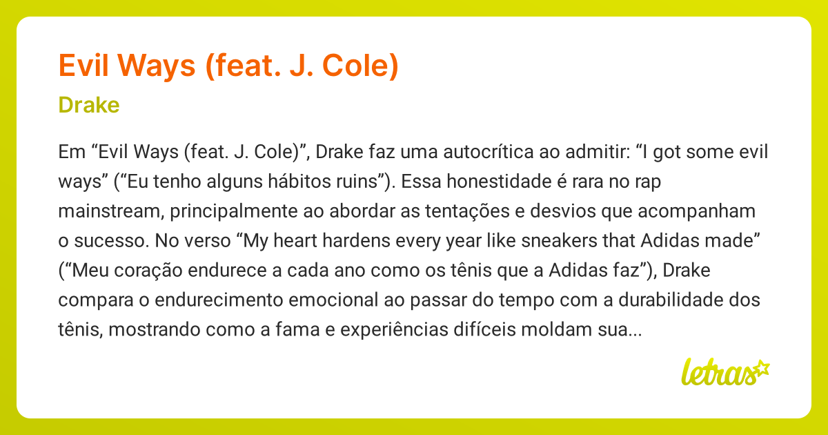 Significado da música EVIL WAYS (FEAT. J. COLE) (Drake) - LETRAS.MUS.BR