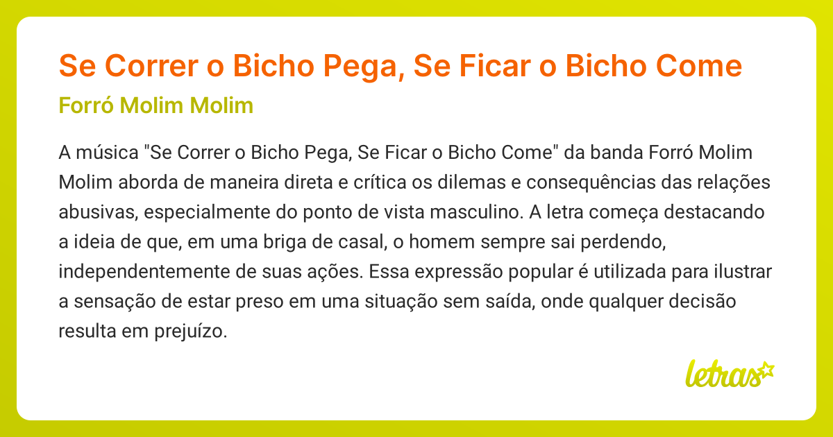 Significado da música Se Correr o Bicho Pega, Se Ficar o Bicho Come ...