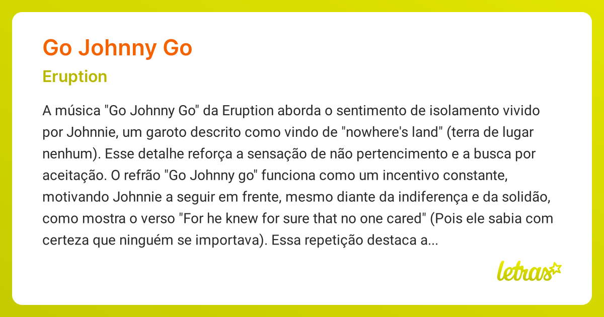 Significado da música GO JOHNNY GO (Eruption) - LETRAS.MUS.BR