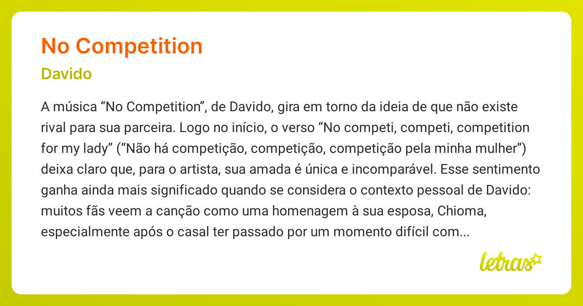 Significado da música NO COMPETITION (Davido) - LETRAS.MUS.BR