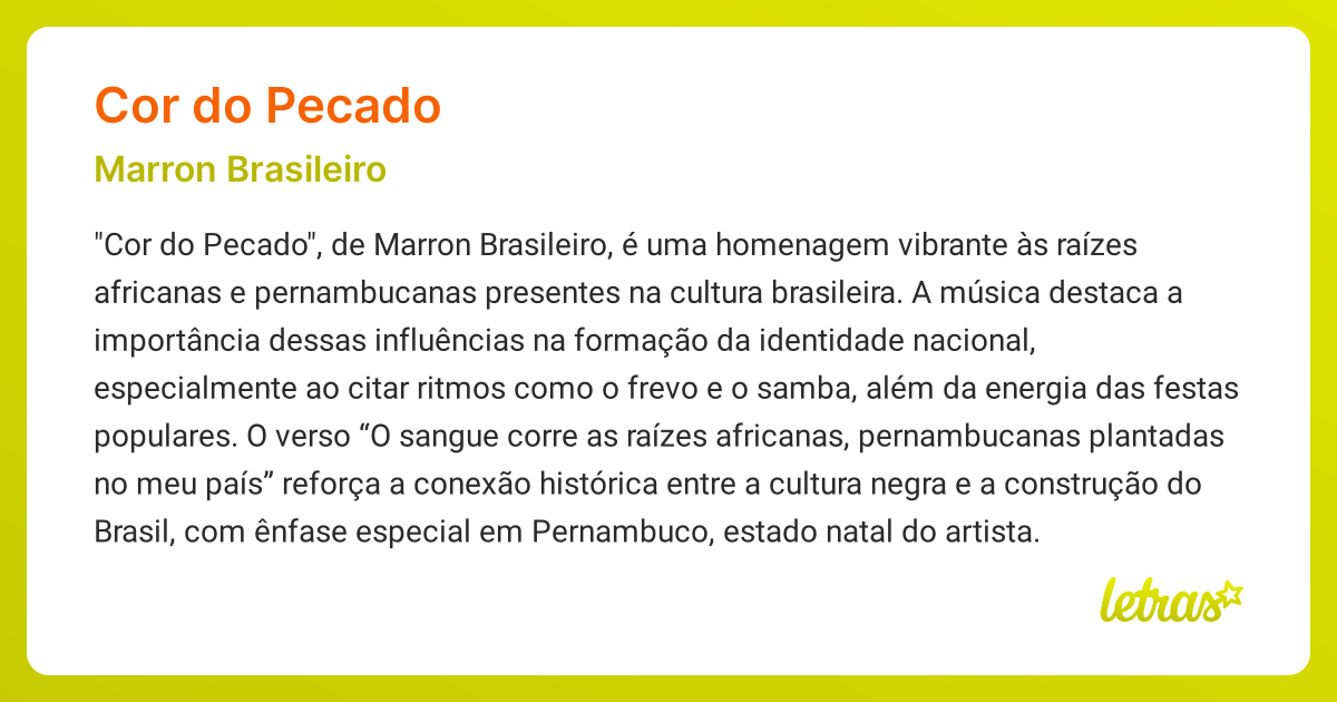 Significado da música COR DO PECADO (Marron Brasileiro) - LETRAS.MUS.BR