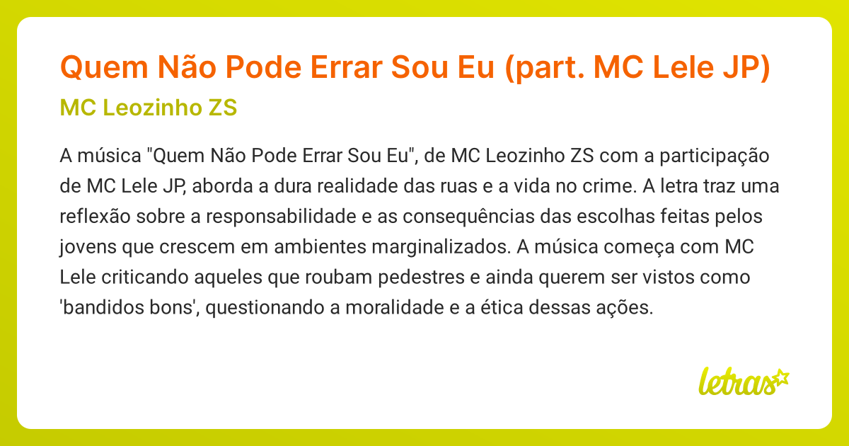 Significado da música Quem Não Pode Errar Sou Eu (part. MC Lele JP) (MC ...