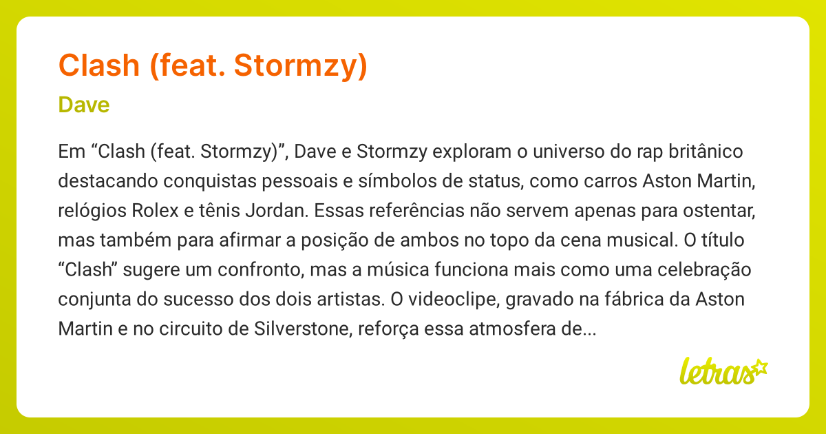 Significado da música CLASH (FEAT. STORMZY) (Dave) - LETRAS.MUS.BR