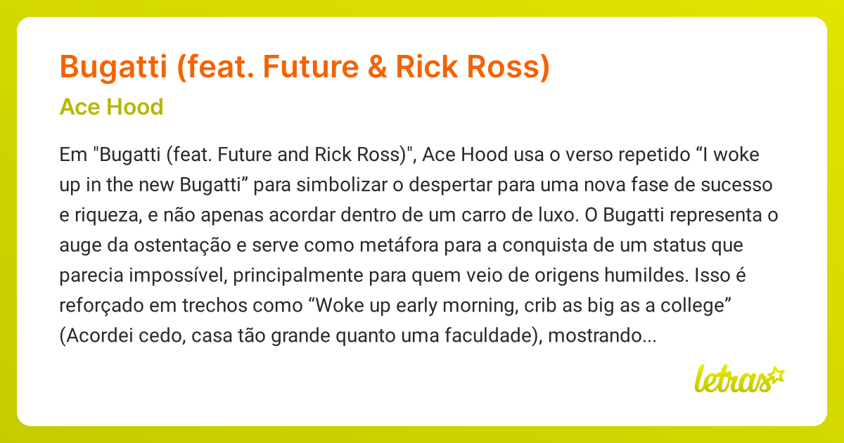 Significado da música Bugatti (feat. Future & Rick Ross) (Ace Hood ...