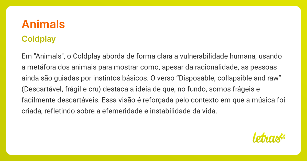 Significado da música ANIMALS (Coldplay) - LETRAS.MUS.BR