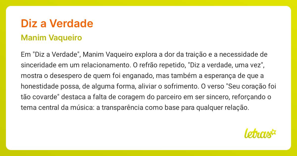 Significado da música DIZ A VERDADE (Manim Vaqueiro) - LETRAS.MUS.BR