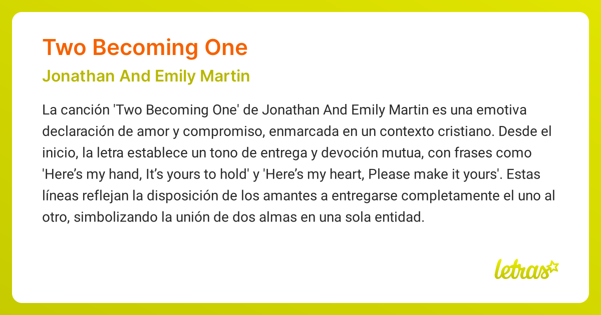 Significado de la canción TWO BECOMING ONE (Jonathan And Emily Martin) - LETRAS.COM