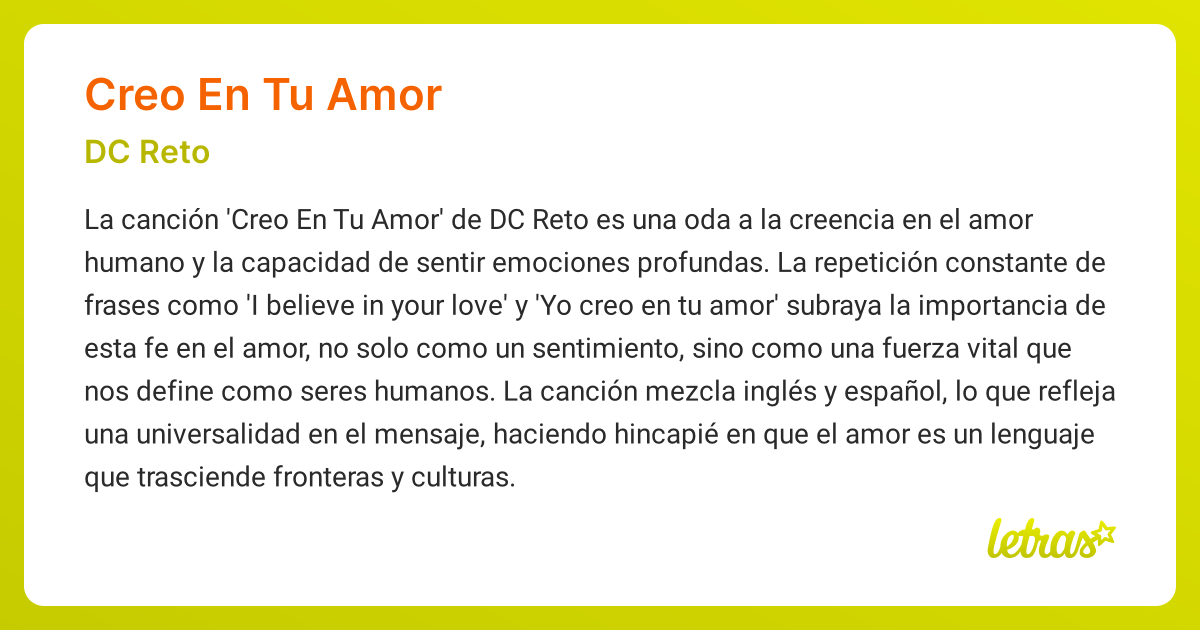 Significado de la canción CREO EN TU AMOR (DC Reto) - LETRAS.COM