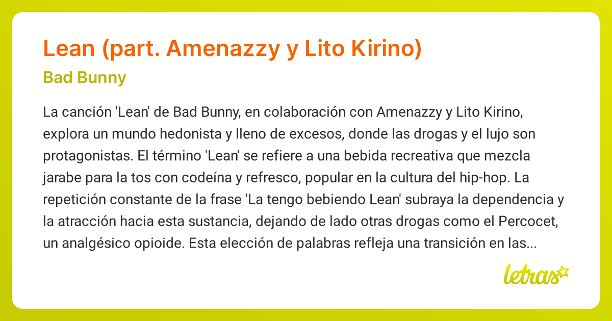 Significado de la canción Lean (part. Amenazzy y Lito Kirino) (Bad ...