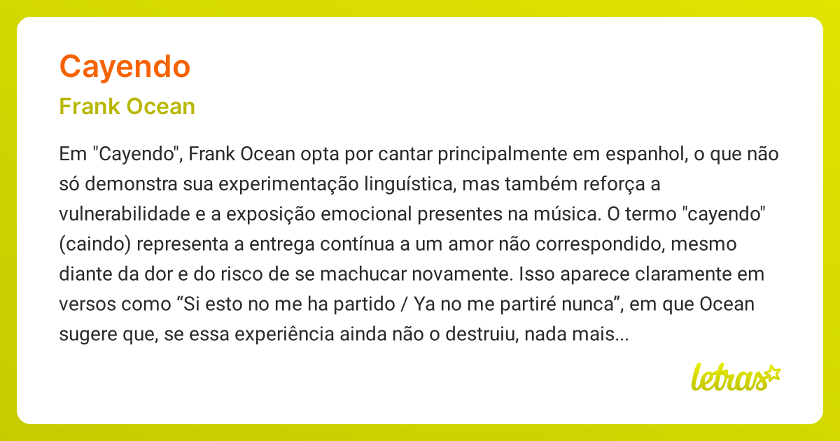 Significado da música CAYENDO (Frank Ocean) - LETRAS.MUS.BR