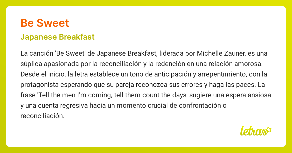 Significado de la canción BE SWEET (Japanese Breakfast) - LETRAS.COM