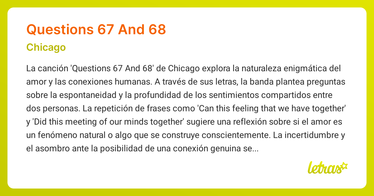 Significado de la canción QUESTIONS 67 AND 68 (Chicago) - LETRAS.COM