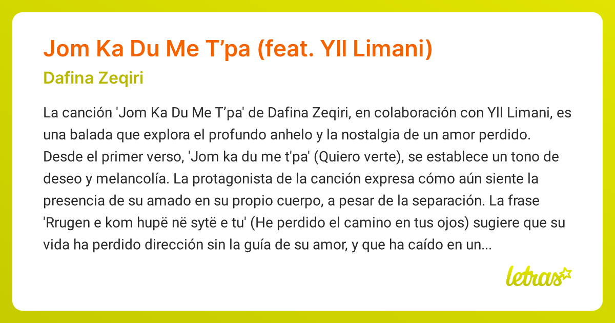 Significado de la canción Jom Ka Du Me T’pa (feat. Yll Limani) (Dafina Zeqiri) - LETRAS.COM