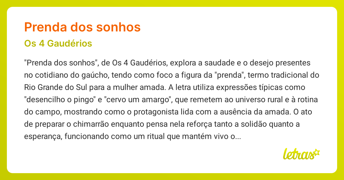 Significado da música PRENDA DOS SONHOS (Os 4 Gaudérios) - LETRAS.MUS.BR