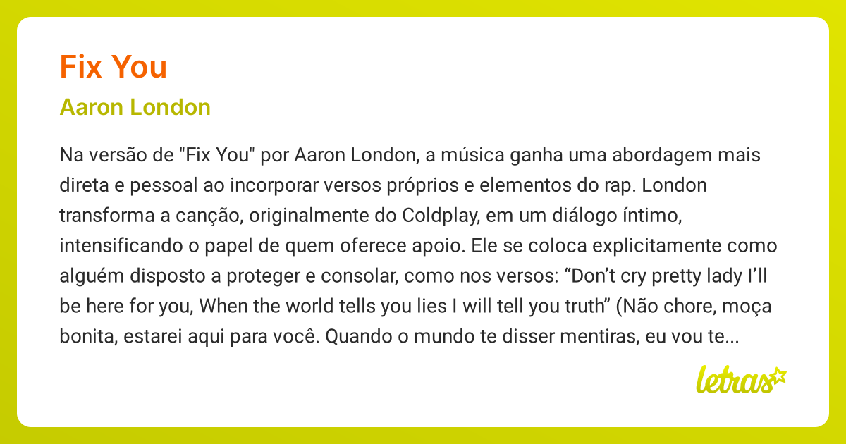 Significado da música FIX YOU (Aaron London) - LETRAS.MUS.BR