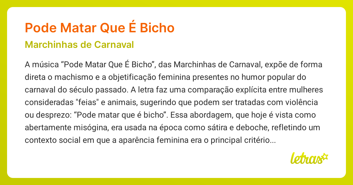 Significado da música PODE MATAR QUE É BICHO (Marchinhas de Carnaval ...