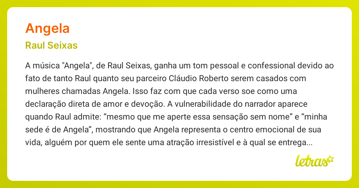 Significado da música ANGELA (Raul Seixas) - LETRAS.MUS.BR
