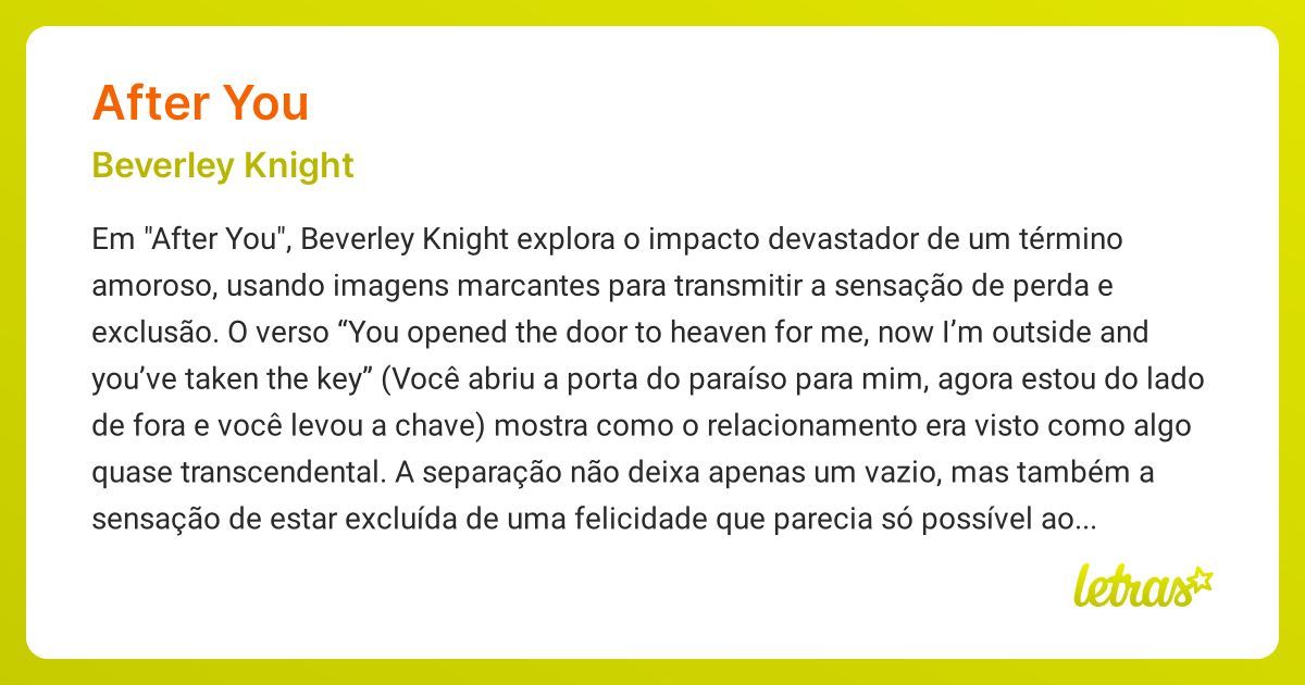 Significado da música AFTER YOU (Beverley Knight) - LETRAS.MUS.BR