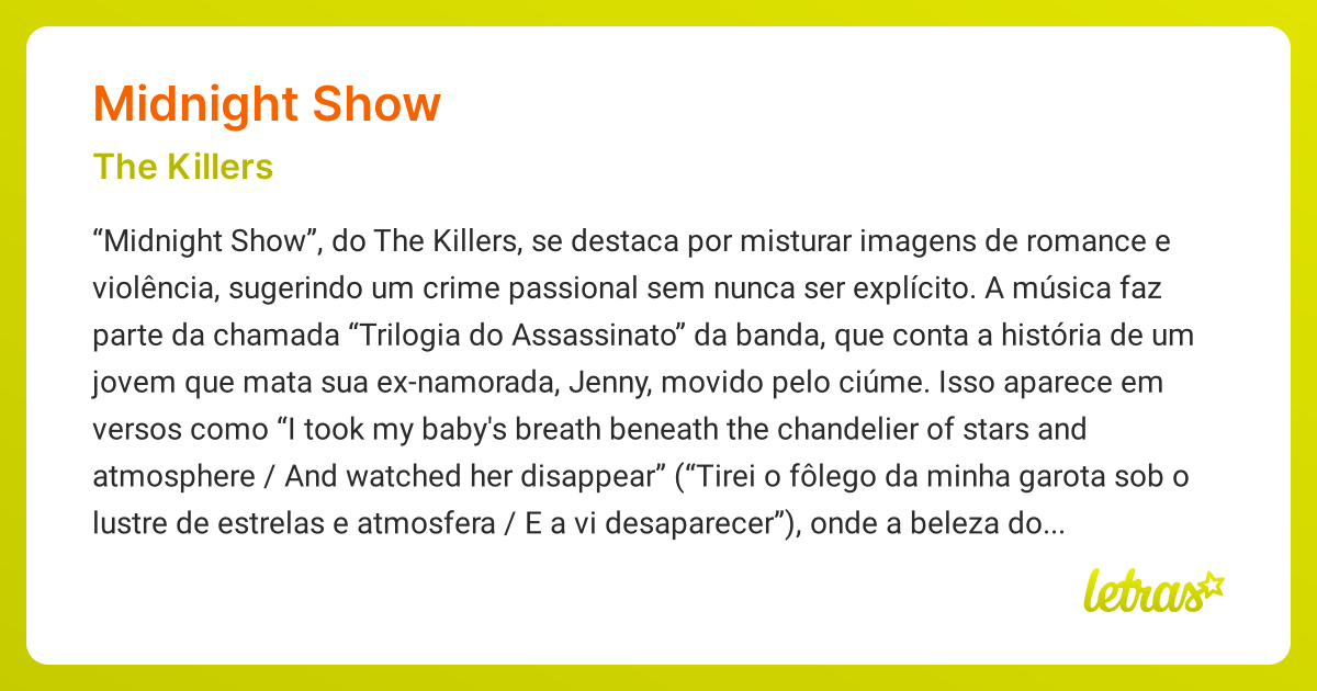 Significado da música MIDNIGHT SHOW (The Killers) - LETRAS.MUS.BR