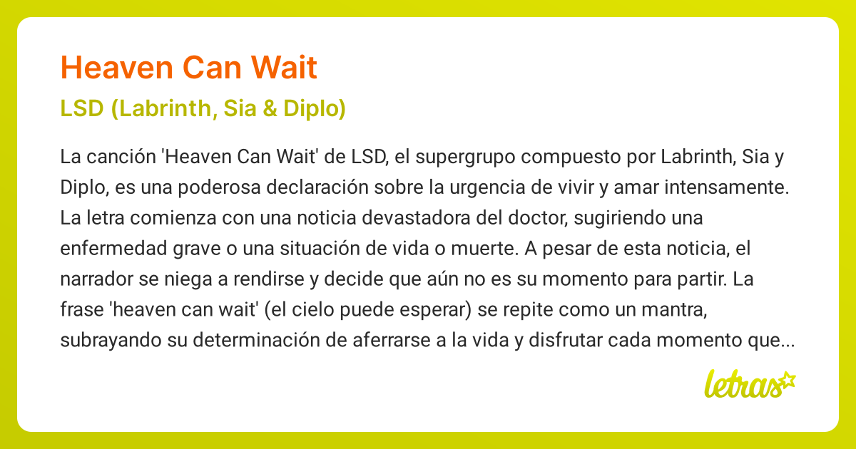 Significado de la canción HEAVEN CAN WAIT (LSD (Labrinth, Sia & Diplo ...