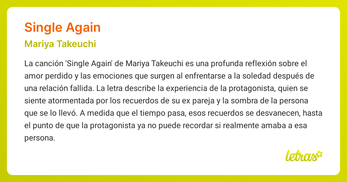 Significado de la canción SINGLE AGAIN (Mariya Takeuchi) - LETRAS.COM
