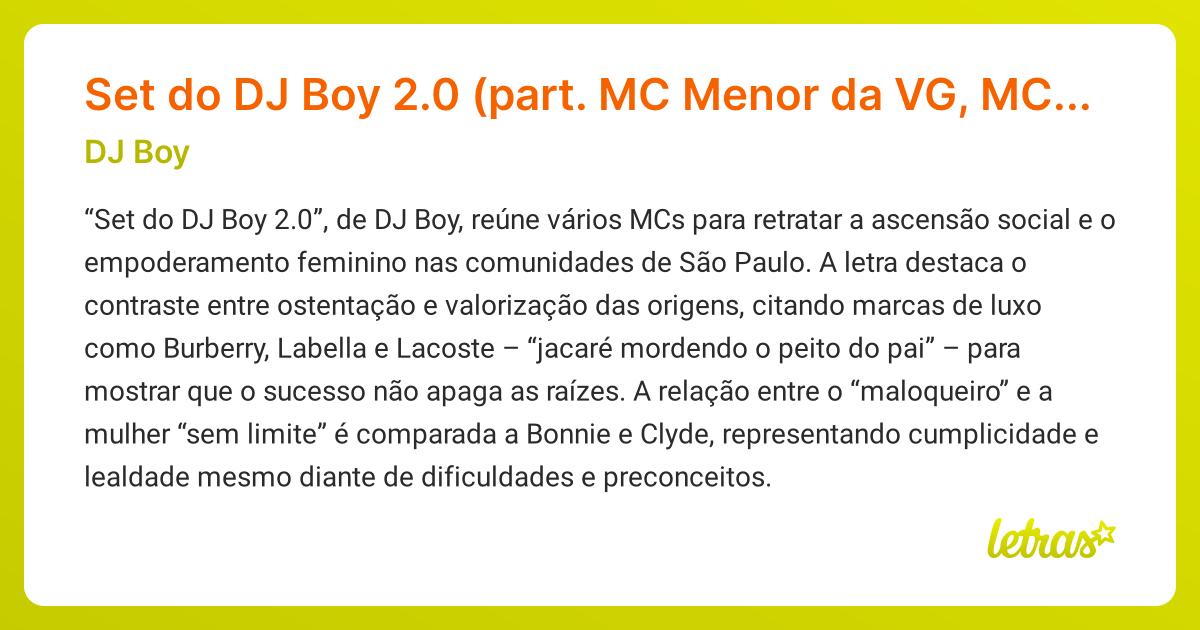 Significado da música Set do DJ Boy 2.0 (part. MC Menor da VG, MC ...