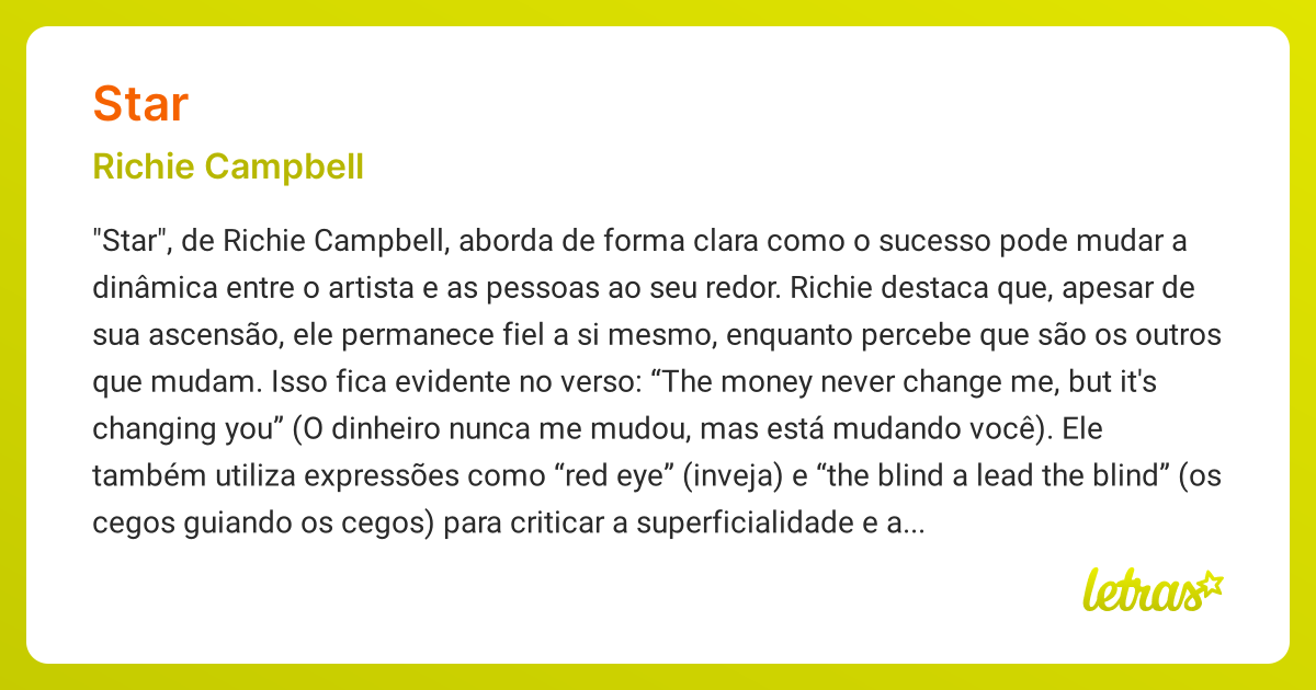 Significado da música STAR (Richie Campbell) - LETRAS.MUS.BR