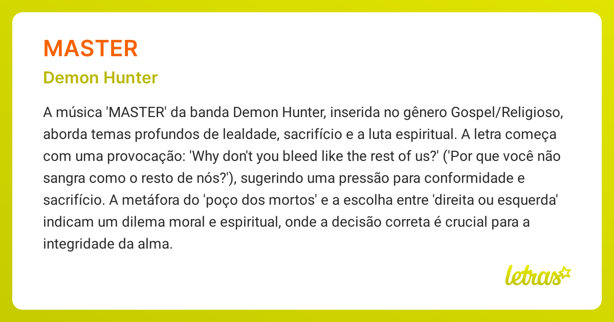 Significado da música MASTER (Demon Hunter) - LETRAS.MUS.BR