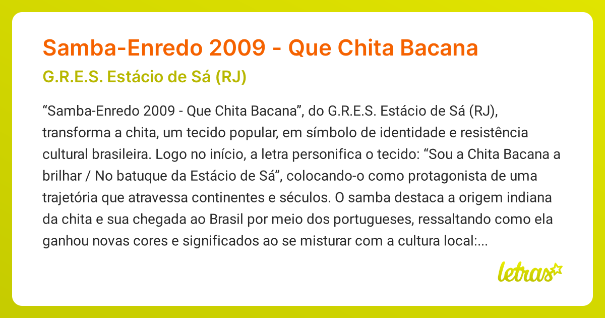 Significado da música Samba-Enredo 2009 - Que Chita Bacana (G.R.E.S ...