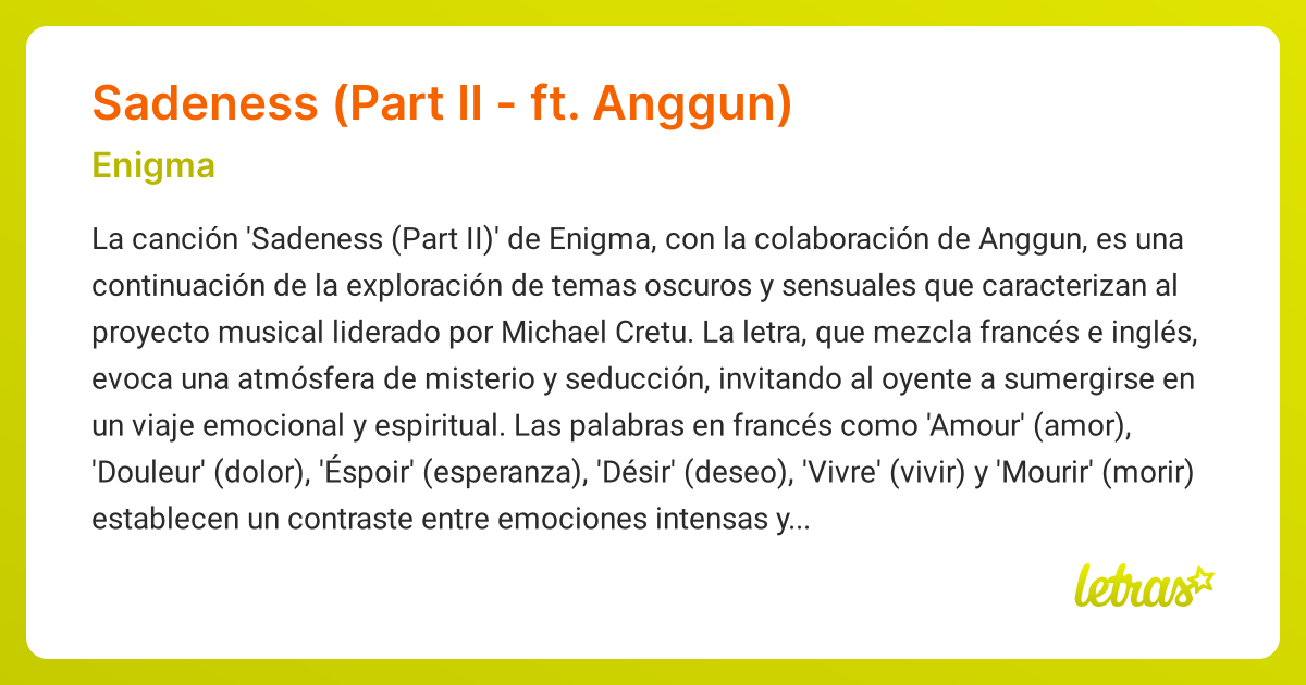 Significado de la canción Sadeness (Part II - ft. Anggun) (Enigma ...