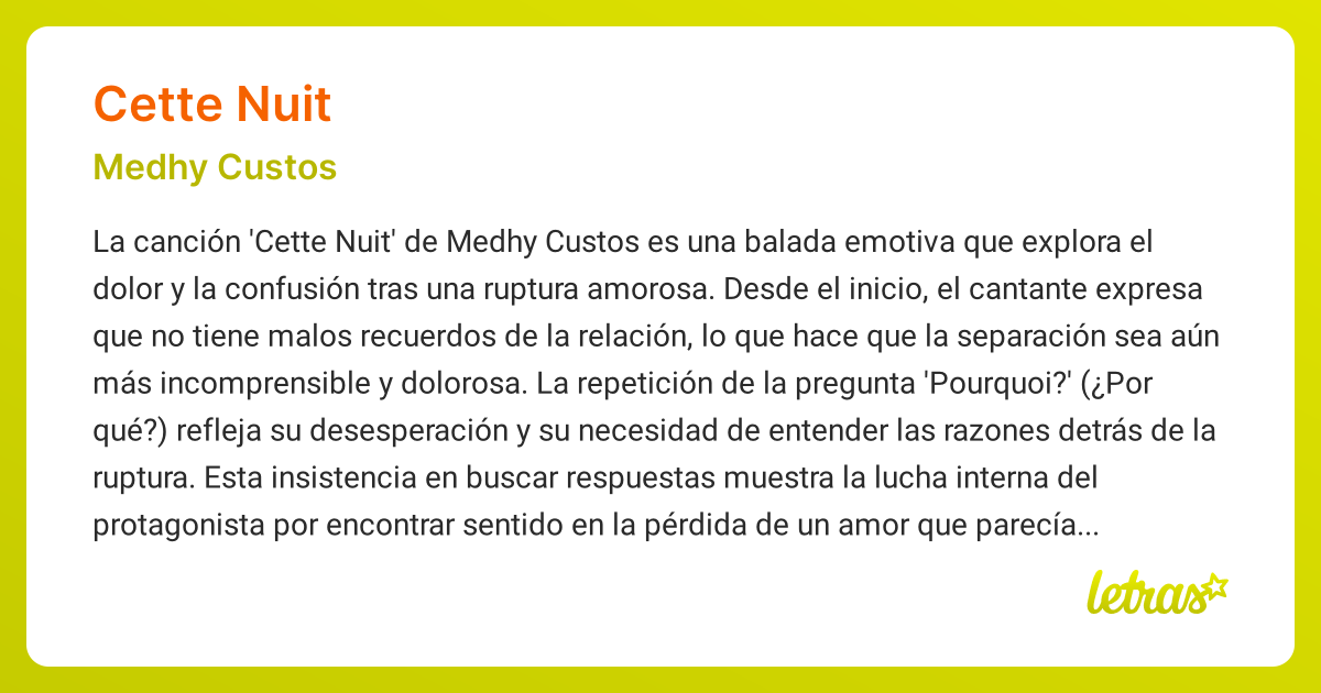 Significado de la canción CETTE NUIT (Medhy Custos) - LETRAS.COM