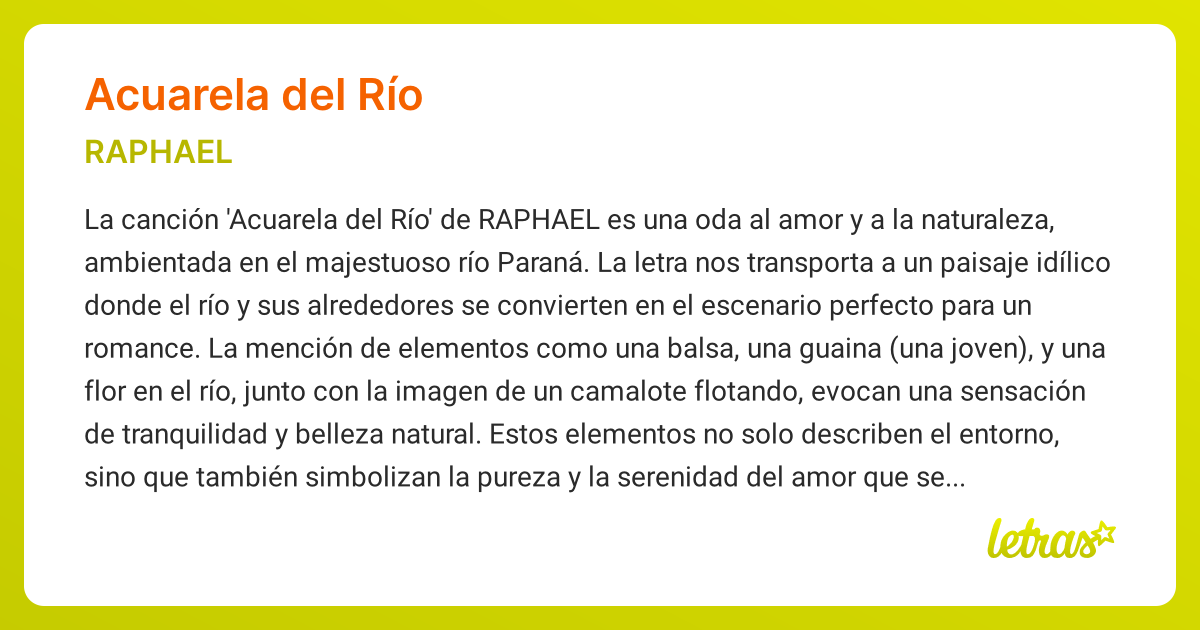 Significado de la canción ACUARELA DEL RÍO (RAPHAEL) - LETRAS.COM