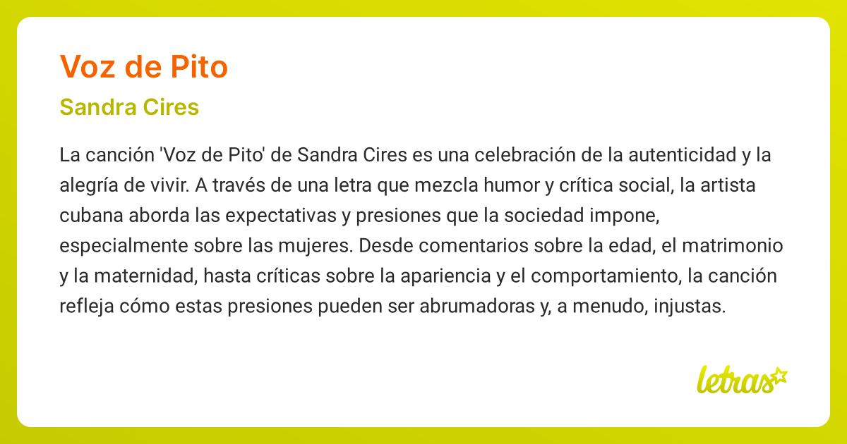 Significado de la canción VOZ DE PITO (Sandra Cires) - LETRAS.COM