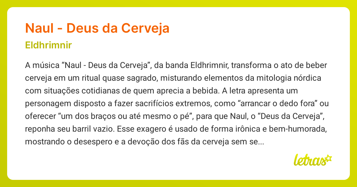 Significado da música NAUL - DEUS DA CERVEJA (Eldhrimnir) - LETRAS.MUS.BR