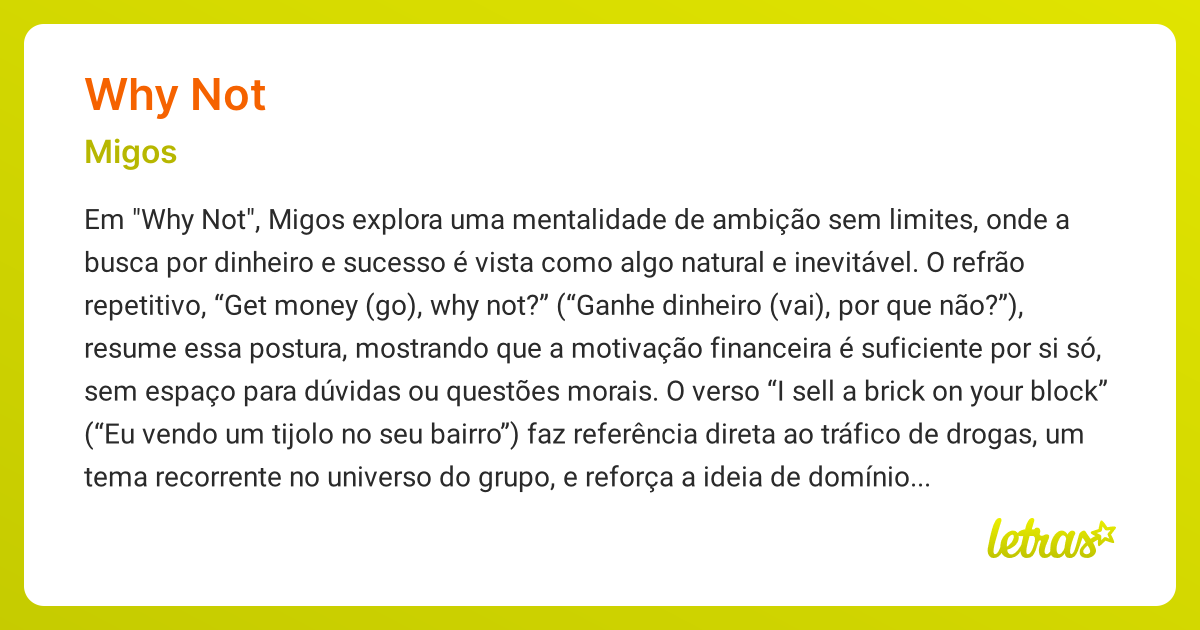 Significado da música WHY NOT (Migos) - LETRAS.MUS.BR