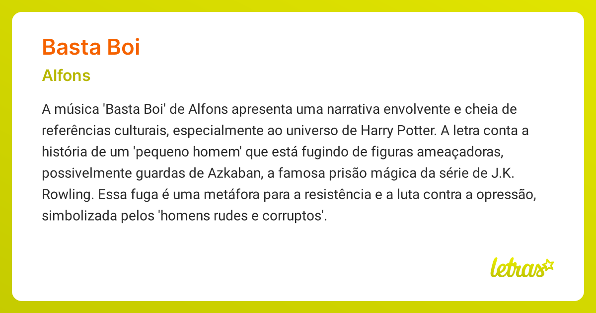 Significado da música BASTA BOI (Alfons) - LETRAS.MUS.BR