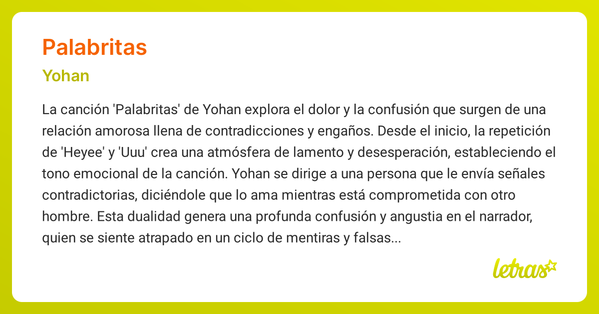 Significado de la canción PALABRITAS (Yohan) - LETRAS.COM