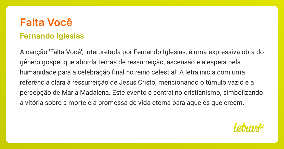 Significado da música FALTA VOCÊ (Fernando Iglesias) - LETRAS.MUS.BR