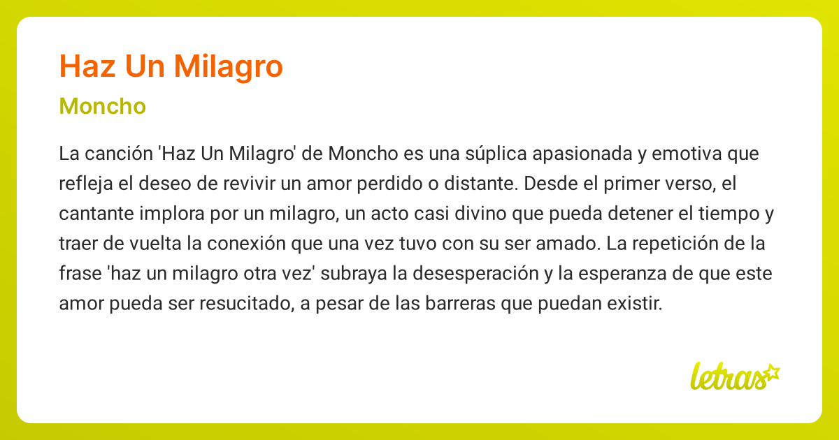 Significado de la canción HAZ UN MILAGRO (Moncho) - LETRAS.COM
