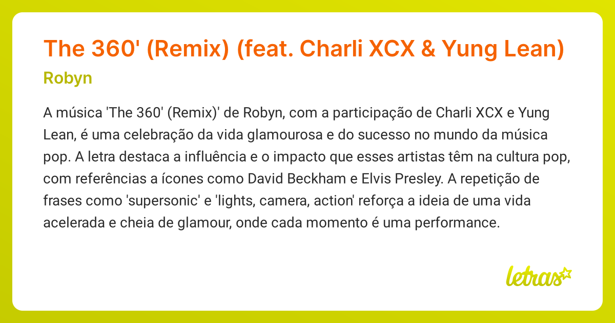 Significado da música The 360' (Remix) (feat. Charli XCX & Yung Lean ...