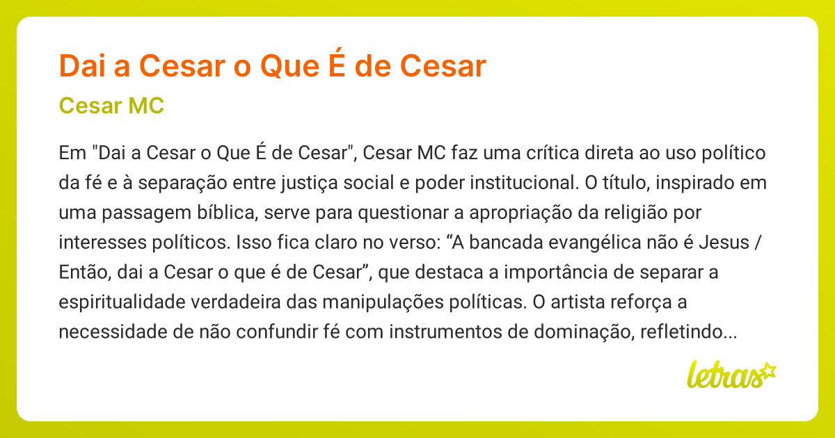 Significado da música DAI A CESAR O QUE É DE CESAR (Cesar MC) - LETRAS ...