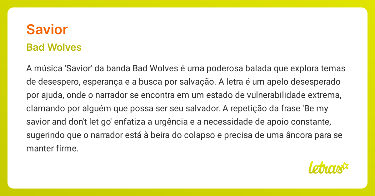 Significado da música SAVIOR (Bad Wolves) - LETRAS.MUS.BR