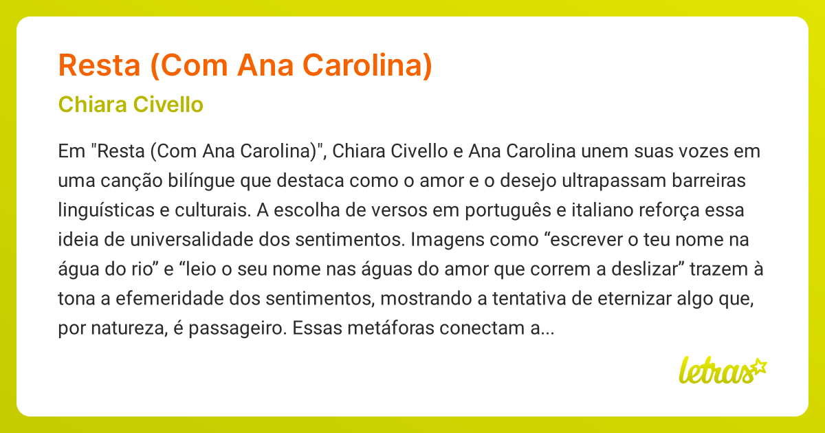 Significado da música RESTA (COM ANA CAROLINA) (Chiara Civello ...