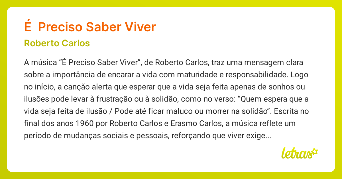 Significado da música É PRECISO SABER VIVER (Roberto Carlos) - LETRAS ...