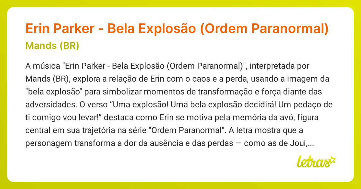 Significado da música Erin Parker - Bela Explosão (Ordem Paranormal) (Mands (BR)) - LETRAS.MUS.BR