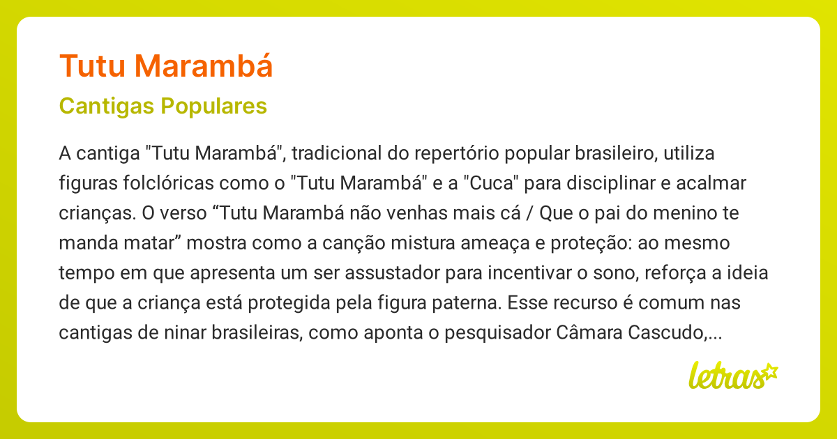 Significado da música TUTU MARAMBÁ (Cantigas Populares) - LETRAS.MUS.BR