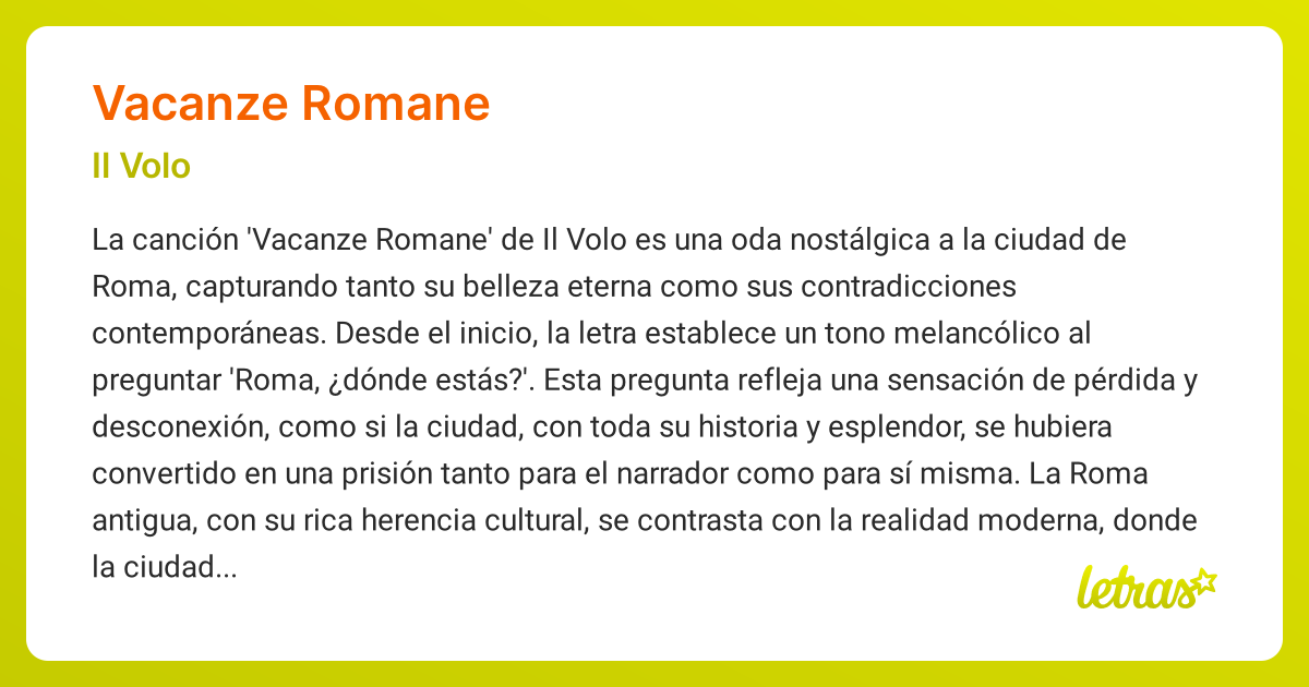 Significado de la canción VACANZE ROMANE (Il Volo) - LETRAS.COM