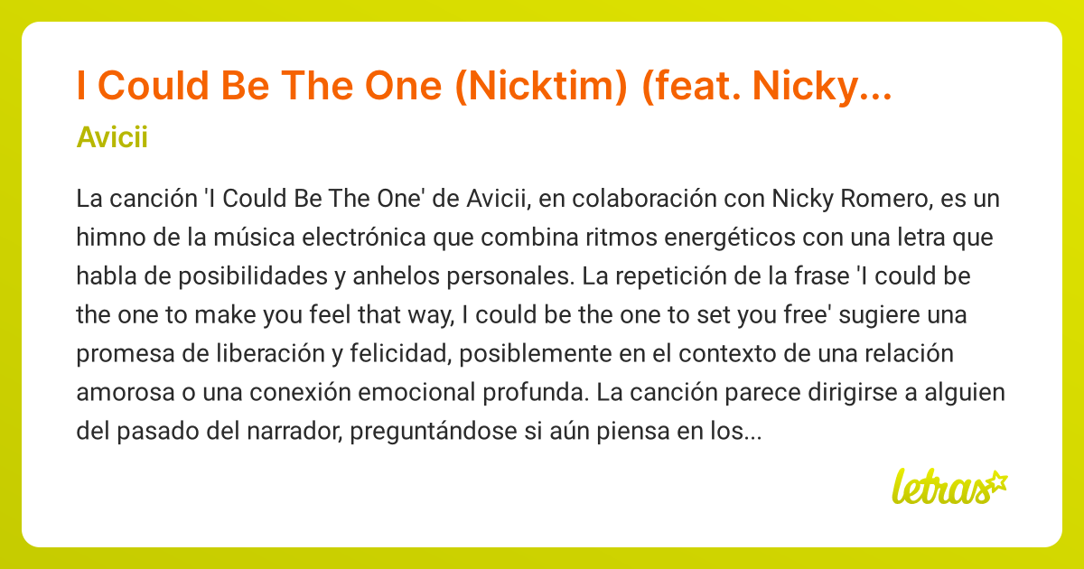 Significado de la canción I Could Be The One (Nicktim) (feat. Nicky ...
