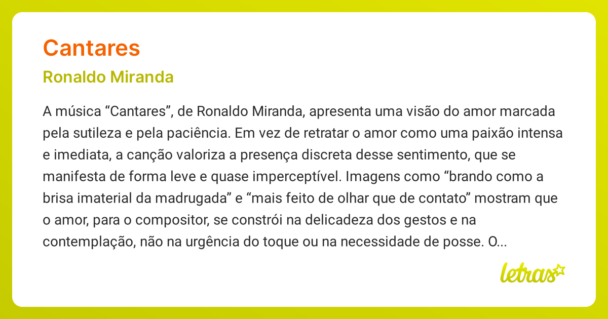 Significado da música CANTARES (Ronaldo Miranda) - LETRAS.MUS.BR